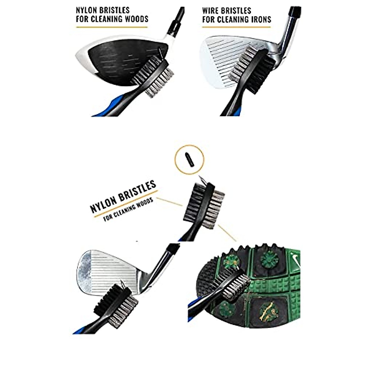 SportsGenics Golf Brush (Pack of 2) with a Golf Club Groove Sharpener - Double Sided Golf Club Cleaner - 6 Head Golf Groove Sharpener for Sharpening - Golf Club Cleaning kit - Golf Accessories