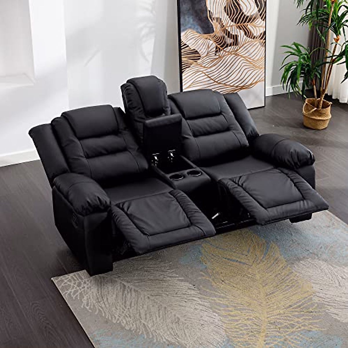 ERYE Faux Upholstered Manual Motion Seaters 2 Cup Holders and Two Recliner Chaise, Wall Hugger Sofa & Couch for Home Theater Apartment RV Living Room Furniture Sets, Black PU Leather 77.9" W