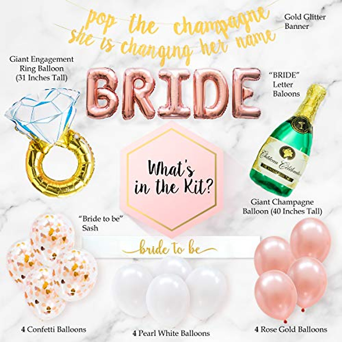 Bachelorette Party Decorations Kit | Bridal Shower Supplies | Bride to Be Sash, Ring Foil, Rose Balloons, Glitter Banner | Pop The Champagne She is Changing Her Name (Gold)