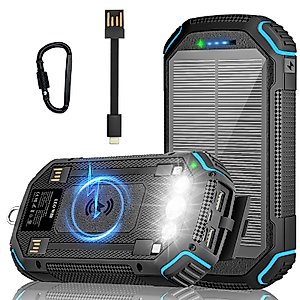 Solar Power Bank 36000mAh,Qi Wireless Charger Built in 3 Cables, Portable Charger Battery Bank with 3 Input 4 Output,Waterproof Battery Pack Charger for iPhone 12,13,MacBook,Samsung Galaxy,Tablet