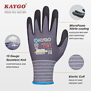 KAYGO Safety Work Gloves MicroFoam Nitrile Coated-3 Pairs, KG18NB,Seamless Knit Nylon Glove with Black Micro-Foam Nitrile Grip,Ideal for General Purpose,Automotive,Home Improvement,large