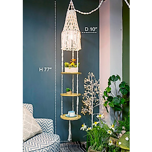 Macrame Lamp Shade and Hanging Plant Holder Shelf Indoor for Boho Bedroom Decor Plug in Pendant Light Hanging Light with Plug in Cord and Switch for Bohemian Office Corner Reading Light (Cream)