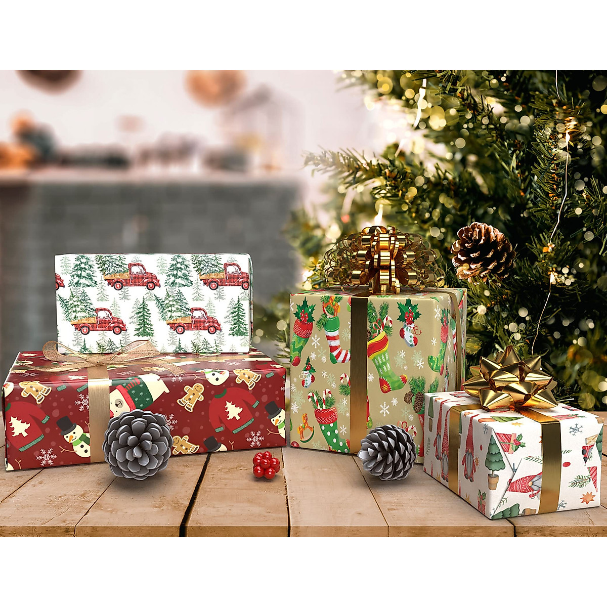 ZINTBIAL Christmas Wrapping Paper for Kids Boys Girls Baby Men Women - Wrapping Paper Christmas Bundle Include White Santa, Green Stockings, Red Truck and Woodland - 29 x 42 Inches per Sheet (4 Jumbo Sheets) - Recyclable, Easy to Store,Not Rolled