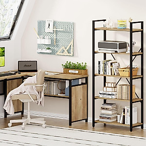 FATORRI 5 Tier Bookshelf, Industrial Wood and Metal Book Shelves for Display, Tall Etagere Bookcase and Rustic Shelving Unit (Rustic Oak)