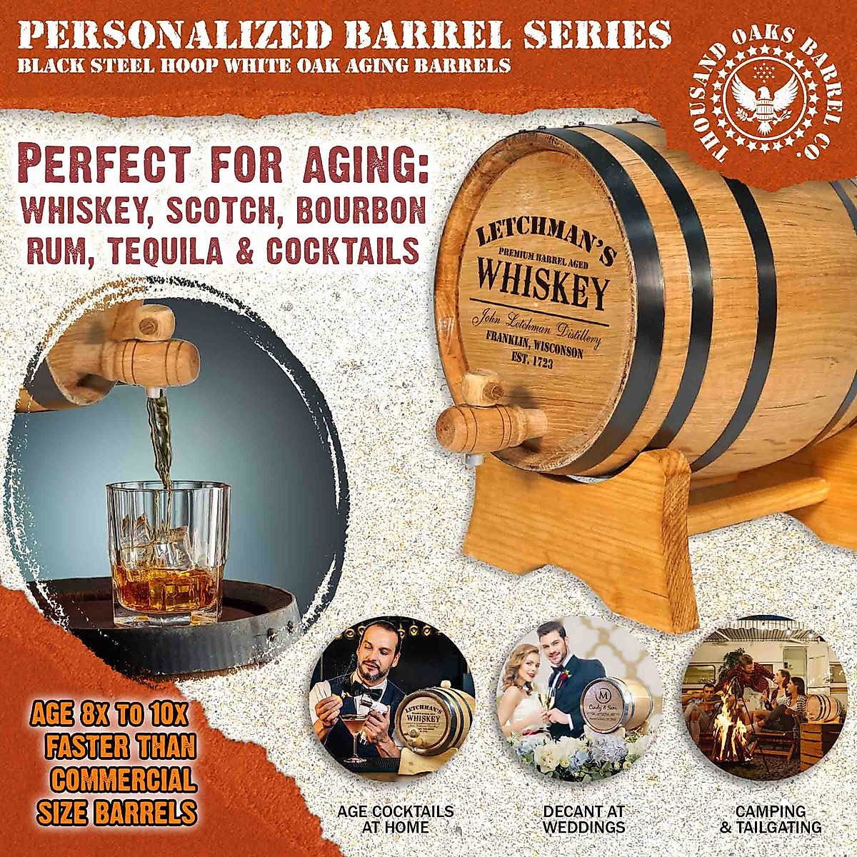 Personalized 20 Liter Oak Aging Barrel (5 gallon) with Stand, Bung and Spigot | Age Cocktails, Bourbon, Rum, Tequila, Beer, Wine and More! | Laser Engraved P5 Custom Whiskey Barrel Design