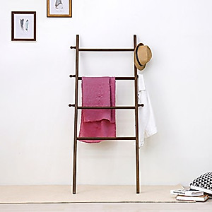 MyGift 5 Ft Tall Dark Brown Solid Wood Wall Leaning Blanket Ladder, Farmhouse Bathroom Towel Rack 4 Rungs and 6 Pegged Hooks