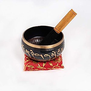 Satnam Tibetan Singing Bowl Set with Mantra Engravings | Meditation Sound Bowl | Handcrafted in India Great for Meditation, Stress & Anxiety Relief & Chakra (4 Inch, Black)