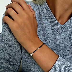 Silverly Women's 925 Sterling Silver 2 mm Small Thin Black Ball Beaded Elastic Stretch Bracelet