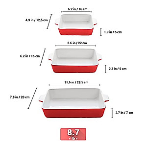 Krokori Casserole Dishes for Oven, Baking Dishes Lasagna Pan Ceramic Baking Pan Deep Glaze Bakeware for Cooking, Kitchen, Cake Dinner, Banquet and Daily Use, 3PCS (11.6 x 7.8 Inches, Red)
