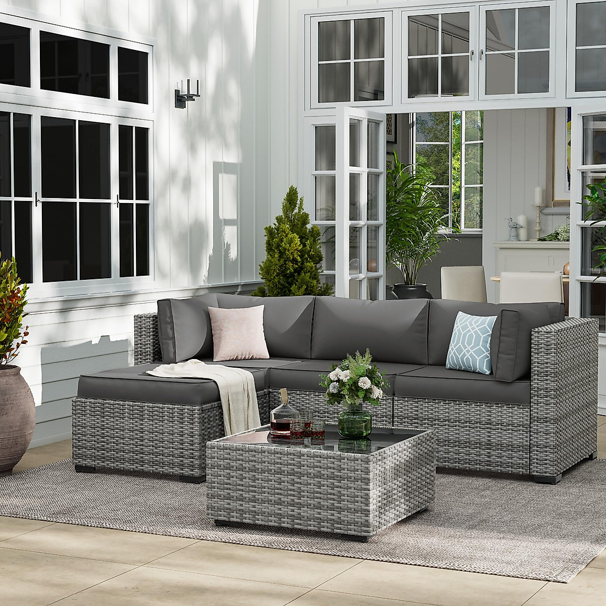 UDPATIO Outdoor Cushions for Patio Furniture with 5 Pillows, Waterproof Patio Furniture Cushions Replacement, 4" Deep Seat Outdoor Sectional Cushions for 4-seat Patio Furniture Chair Sofa Couch, Grey