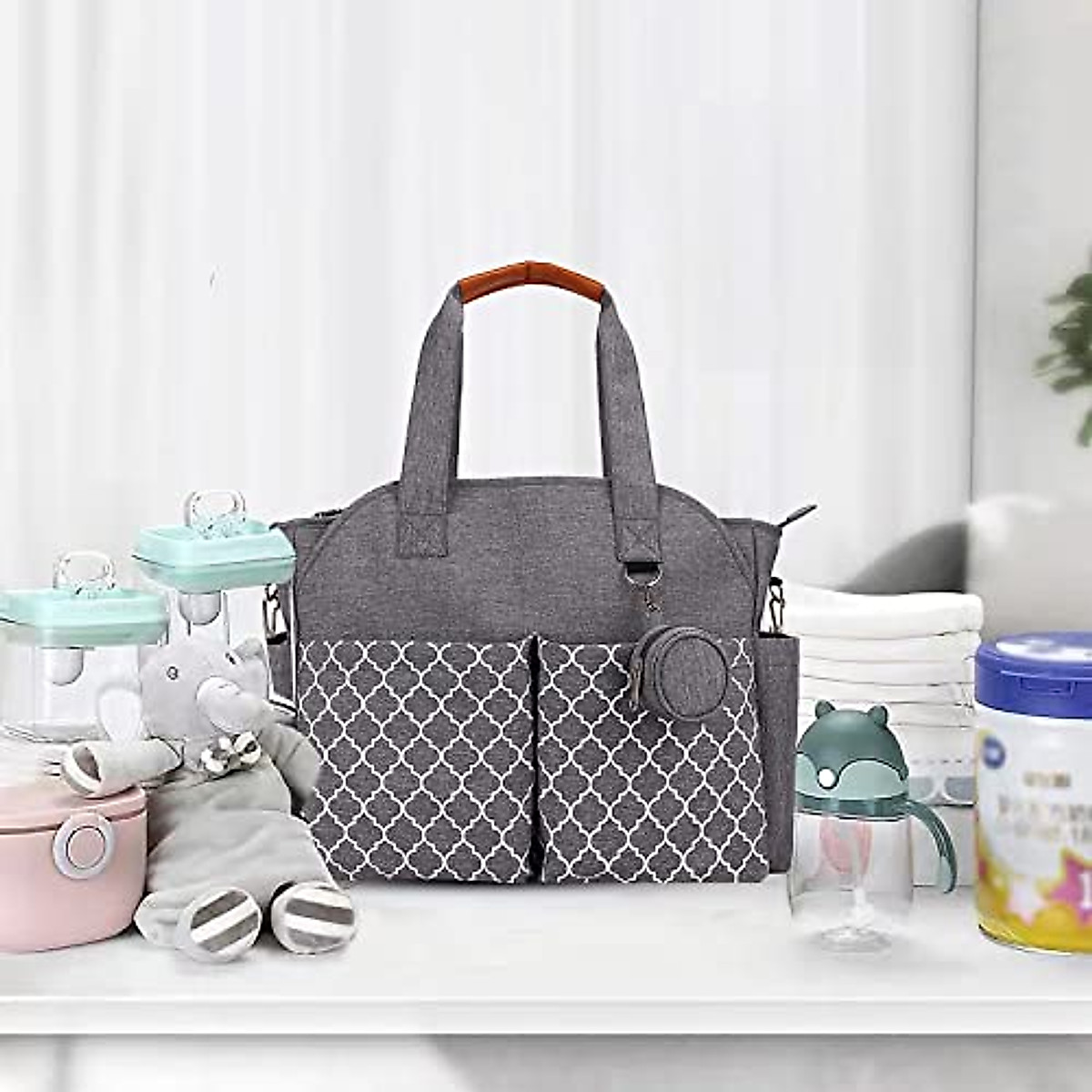 Diaper Bag Tote with Changing Station Upgrade Multi-Function Baby Bag with Adjustable Shoulder Strap Insulated Pockets (Gray)