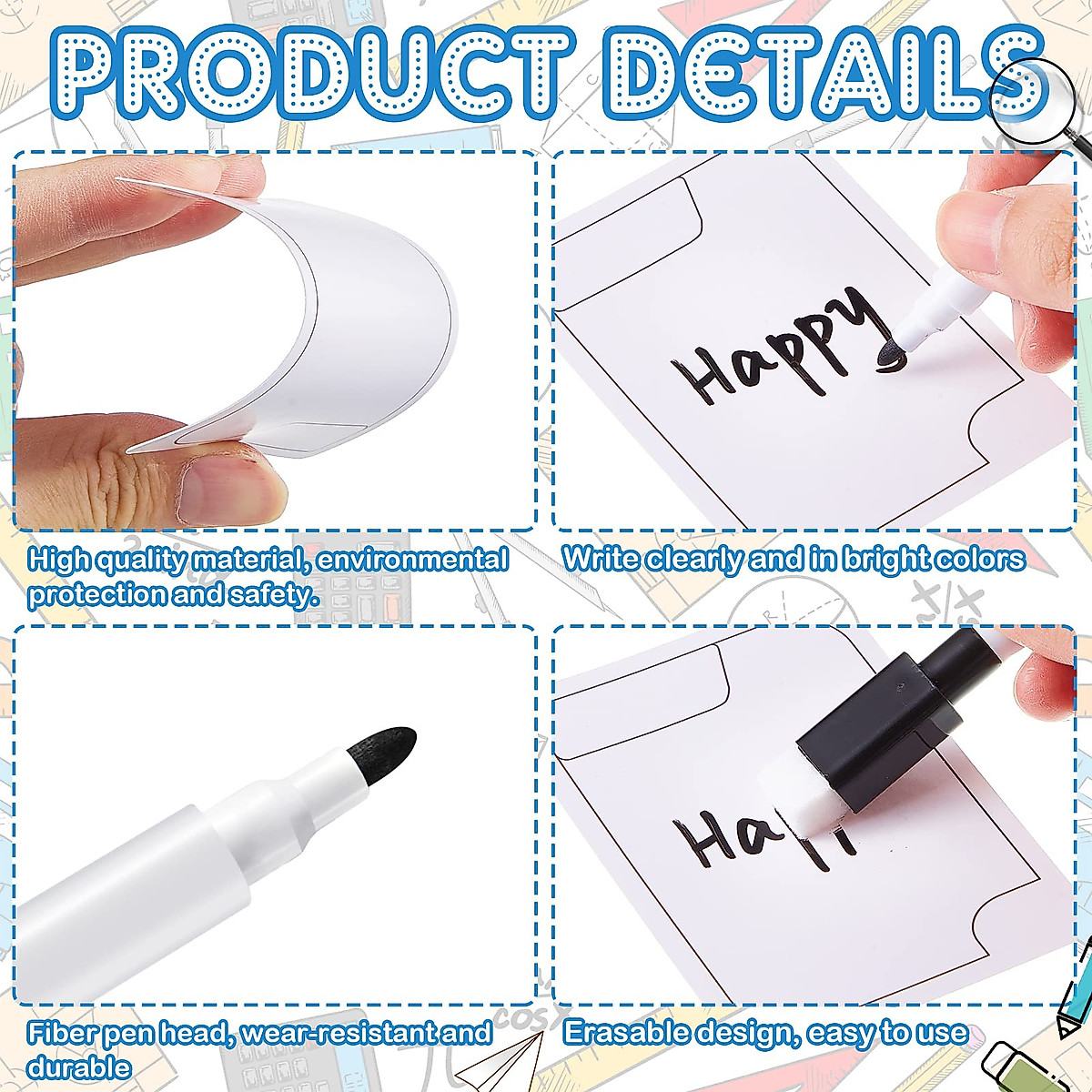 50 Pieces Multifunctional Tokens Reusable Cards Erasable Index Cards Dry Erase Cards White Blank Flash Cards with 5 Pcs Black Marker Pens for Playing Games, School, Office, Housework