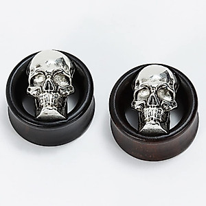 COOEAR Ebony Wood Metal Skull Style Gauges for Ears Piercing Body Jewelry Tunnels Plugs 1 Pair Selling 0g to 1 Inch