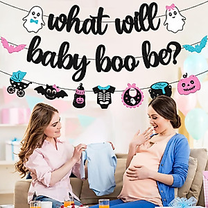 Halloween Gender Reveal Banner What will Baby Boo Be Banner Halloween Ghost Bats Theme Boo-y or Ghoul He or She Blue or Pink Boy or Girl Gender Reveal Baby Shower Party Supplies