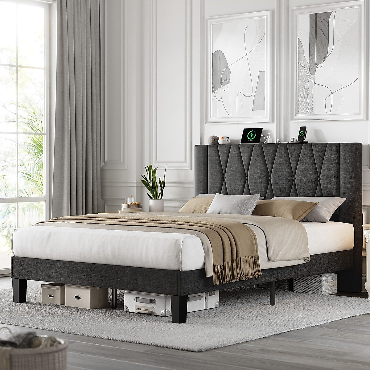 ONBRILL Queen Bed Frame with Headboard, Heavy-Duty Linen Upholstered Platform Bed Frame w/Charging and Storage, Button Tufted, Wooden Slats Support, No Box Spring Needed, Easy Assembly, Dark Grey