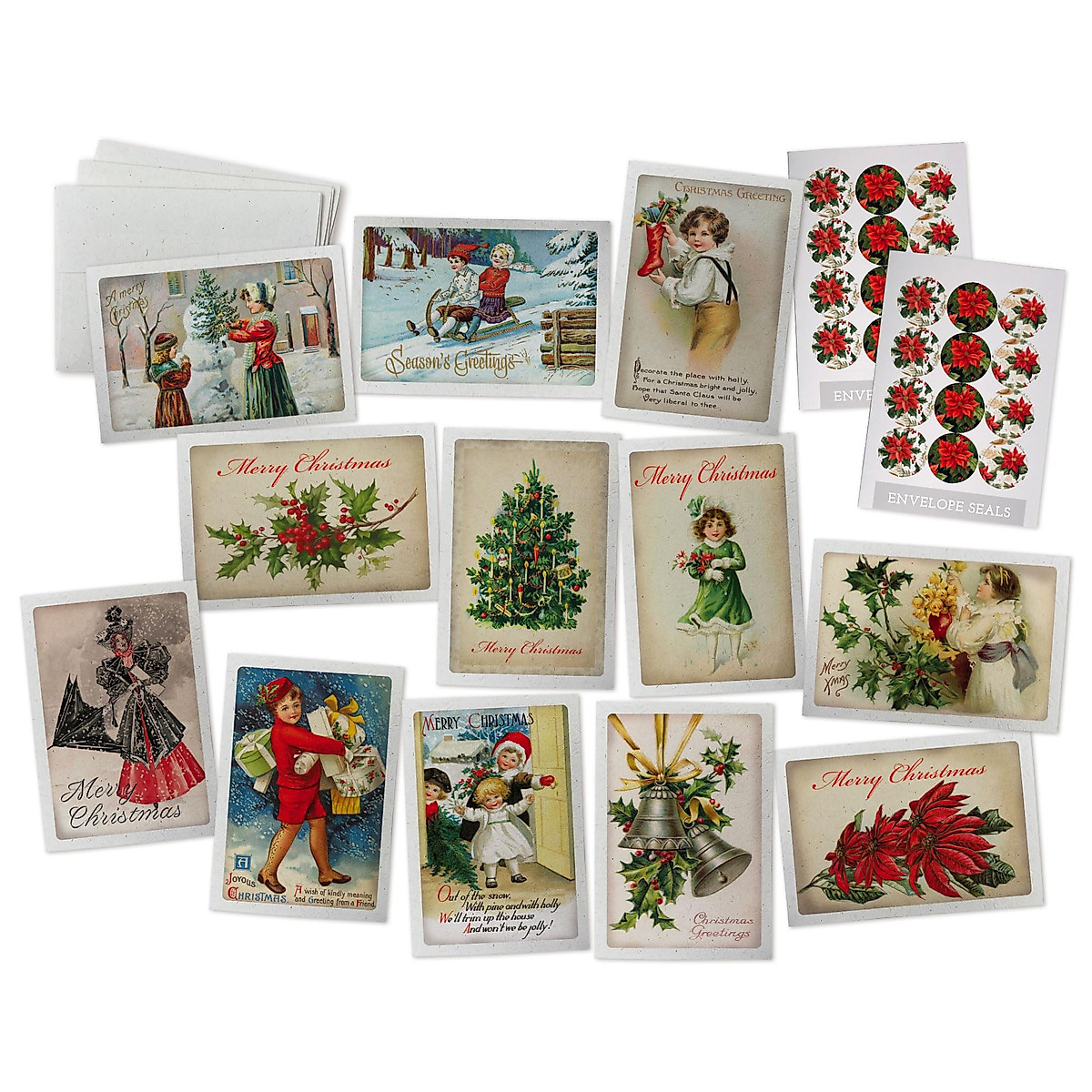 Hill Valley Greetings Vintage Christmas Greeting Card - 24 Antique Textured Style Cards & Envelopes - 12 Unique Retro Holiday Illustrations