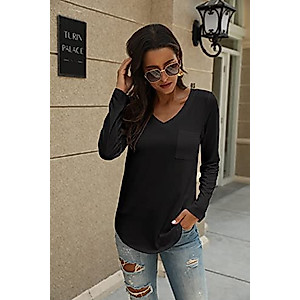 Tobrief Womens Loose Casual Long Sleeve V-neck T Shirt Tunic Tops for Leggings (S, Black-1)