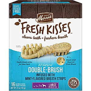 (2 Pack) Merrick Fresh Kisses Double-Brush Dental Dog Treats, Infused with Coconut & Botanical Oils and Mint Breath Strips, Cleans & Freshens Breath for Large Dogs, 16 Dental Dog Treats/Pack (Large)