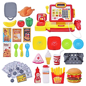 FS Pretend Play Cash Register Toy with True Barcode Scanner & Calculator, Microphone, Play Food, Supermarket Cashier, Great Pre-School Gift Cash Register for Kids Boys & Girls, Ages 3 4 5 6 8