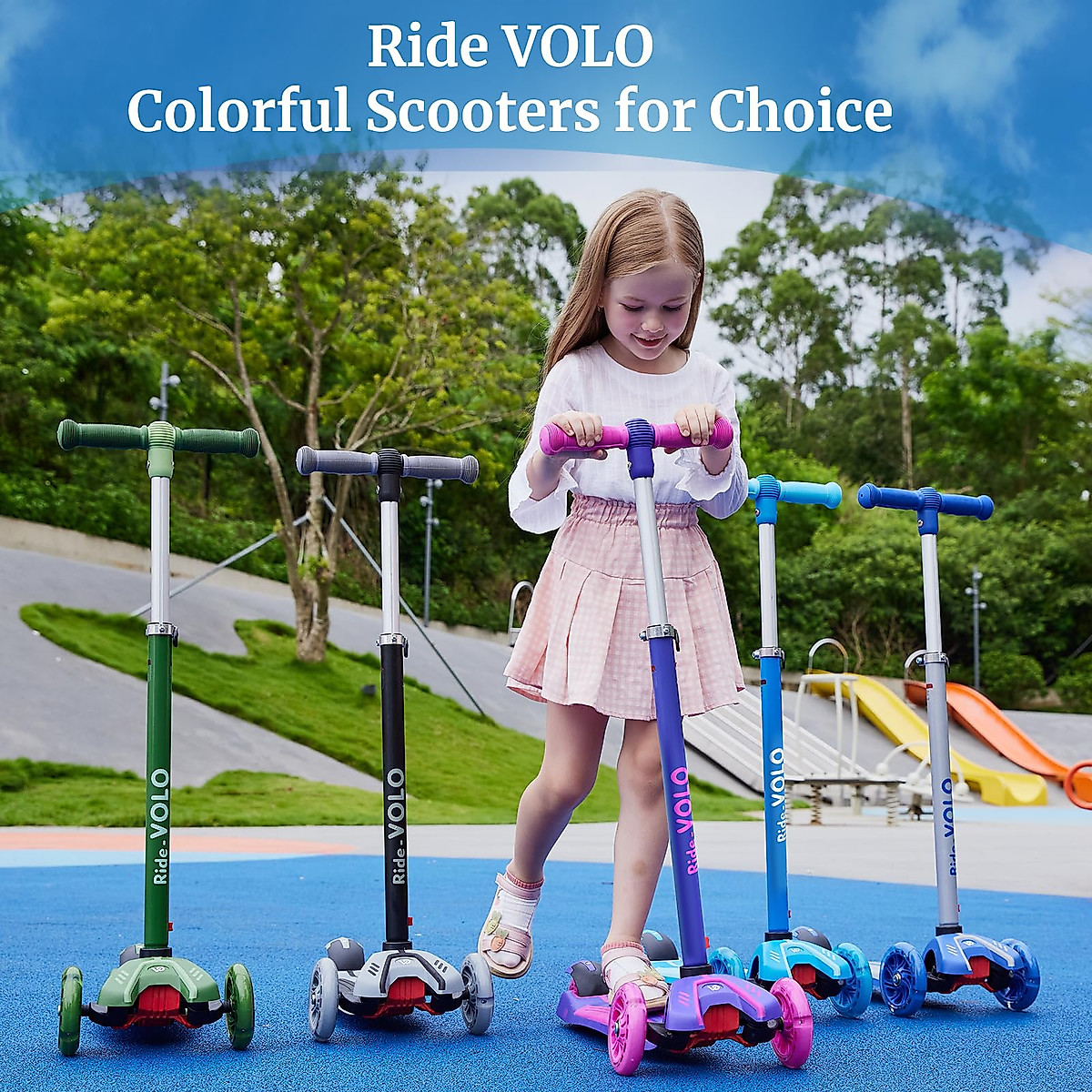 RideVOLO Kids' Kick Scooter for Ages 3-8, 3 Adjustable Heights, Flashing Wheels, 6" Wide Anti-Slip Deck and High Stability, Max Load 110lbs, Easy Assembly, Outdoor Activities, Gift for Boy/Girl Purple