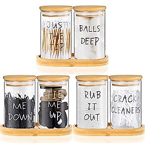 Tessco 6 Pcs Cotton Ball Holder Apothecary Jars with Lids Glass 3 Pcs Bamboo Tray Oval Plate Bathroom Decor Clear Cotton Ball Holder Bathroom Organizer Countertop Bathroom Storage Containers