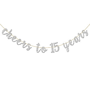 Glitter Silver Cheers to 15 Years Banner - Teenager 15th Birthday Sign Bunting 15th Marriage Anniversary Party Bunting Decoration