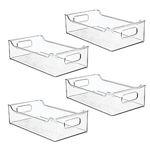 mDesign Wide Plastic Kitchen Storage Container Bins with Handles -Organization in Pantry, Cabinet, Refrigerator or Freezer Shelves - Food Organizer for Fruit, Yogurt, Squeeze Pouches - 4 Pack - Clear