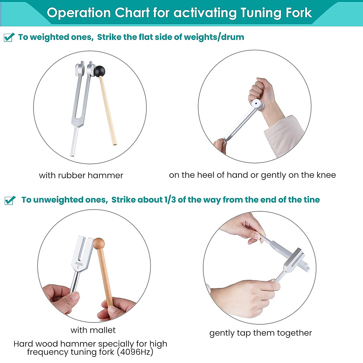 4Pcs Tuning Fork Medical Sound Healing Set(128Hz, OM 136.1Hz, MI 528Hz, 4096Hz), Tuning Fork Chakra Solfeggio Meditation Biofield Heart Aluminum Weighted Otto Body Tuner Angel Activator Hammer Mallet