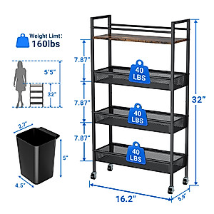 Jsluiiys 4 Tier Slim Storage Cart, 5.9In Slim Kitchen Cart on Wheels for Small Space, Narrow Rolling Cart with Wooden Top Metal Handle and Wire Mesh for Kitchen Bathroom Laundry Room