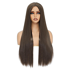 X-TRESS Long Straight Wigs Ash Brown Color Middle Part Brown Wig 28 inch Synthetic Wig for Daily Party