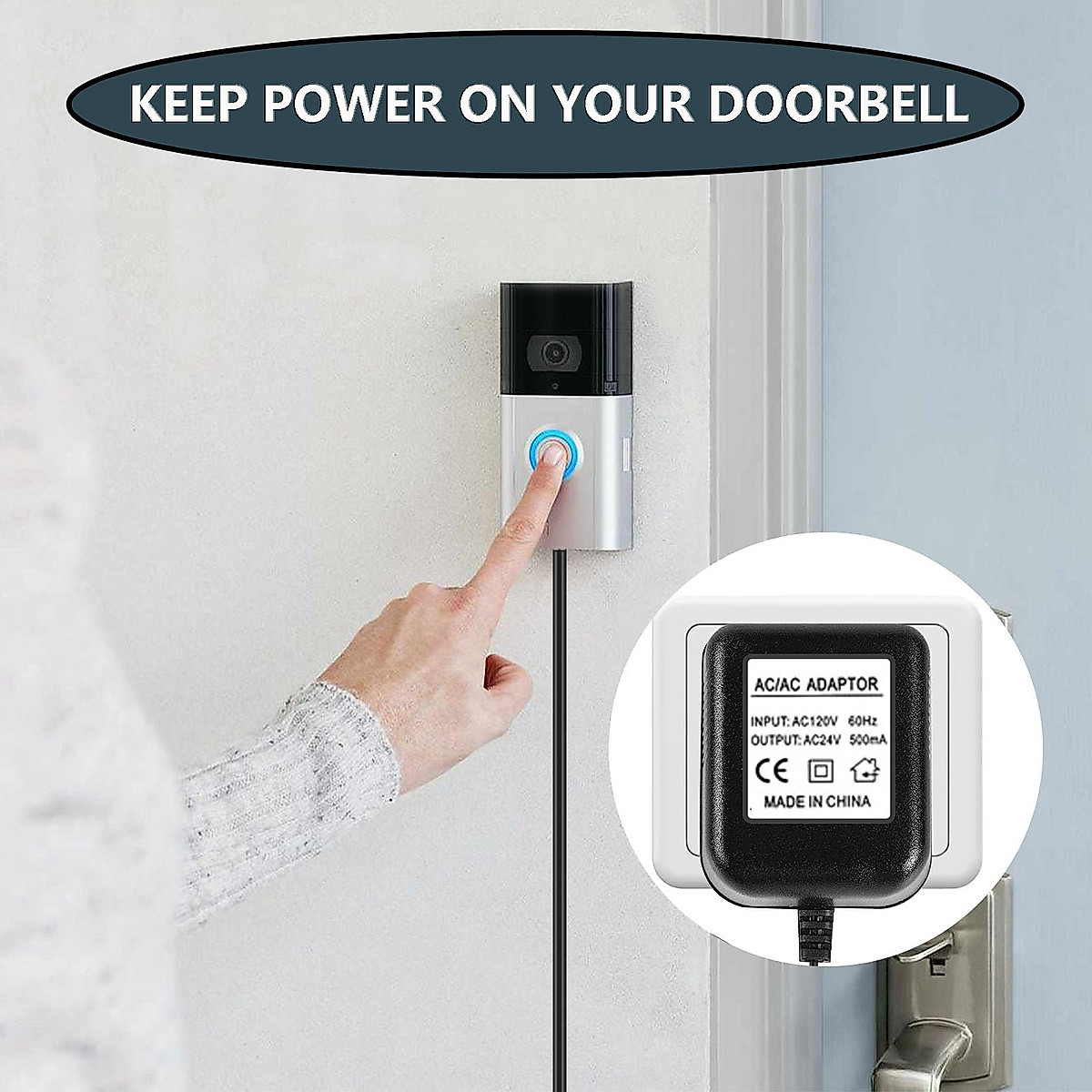 24V500MA Doorbell Power Adapter C-Wire Adapter Doorbell Transformer 16.4ft Wire Cable Compatible with Ring Bell, Ecobee, Sensi and Honeywell Smart Thermostats
