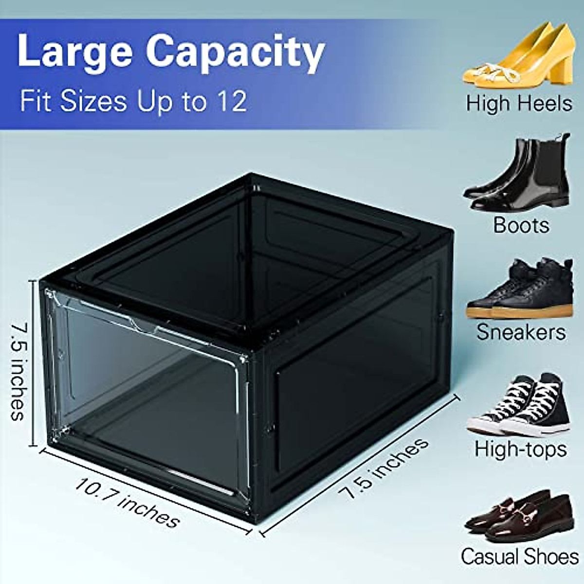 iBune 12 Pack Drop Front Shoe Storage Boxes, Clear Plastic Shoe Organizer for Closet, Easy Assembly, Stackable Foldable Shoe Containers for Display Sneakers Boots, Fit US Size up to 12, Black