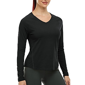 icyzone V-Neck Long Sleeve Workout Shirts for Women, Quick Dry Fitness Athletic Running Yoga Tops (Black, S)
