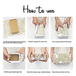 Gift Wrapping Paper, Golden Rose Pattern in White Art Paper with 1 Roll Gold Ribbon, for Weddings, Mother's Day, Birthdays, Baby Showers, Bridal Showers, Valentine's Day or Any Occasion(6 Sheets)