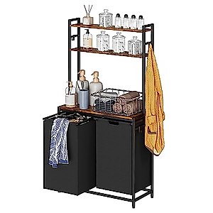 Amosic Laundry Hamper, Laundry Basket with Storage Rack, 2 Removable Laundry Sorter Bags(Capacity of 37 gallons, 140L), Pull-Out and Removable Laundry Bags, Laundry Hamper for Bathroom, Bedroom