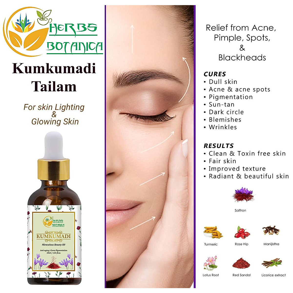 Herbs Botanica Kumkumadi Oil Pure Ayurveda Face Oil with Saffron, Serum Face Moisturizer 26 Herbs 30 Ml
