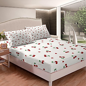 Feelyou Kids Red Cherry Fitted Sheet Twin Size, Cherry Pattern Bed Sheet Set Boys Girls Cute Fruit Bedding Set Kawaii Cartoon Fruit Teens Bed Cover Room Decor Lightweight Bed Set (No Flat Sheet)