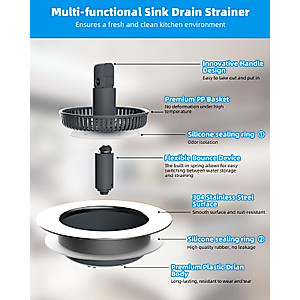 Hibbent 3 in 1 Kitchen Sink Drain Strainer and Stopper Combo, Chrome Stainless Steel Wraped Shell, Anti-Clogging Basket Strainer with Foldable Handle for US Standard 3-1/2" Drain