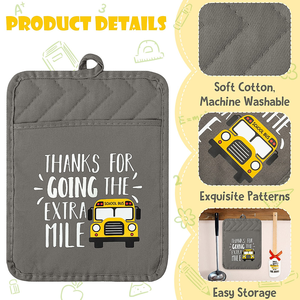 R HORSE 3Pcs School Bus Driver Gift Funny Cookie Bag Silicone Spatula Set with Greeting Card Thank You Bus Driver Present Potholder Heat Resistant Oven Mitt Bus Driver Retirement Teacher Day Gift