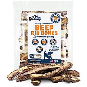 PUPDAWGS Single Ingredient Dog Bones - Made in USA – 8-10” Beef Rib Bones - Natural Dog Bones for Aggressive Chewers - from USDA Inspected Beef - Hickory Smoked - Individually Wrapped (8 Piece Pack)