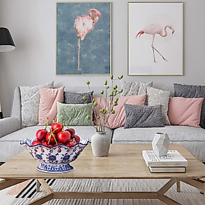 Fruit Bowl Fruit Serving Plate Blue and White Porcelain Decoration Bowl with Foot for Living Dining Drawing Room, 24cm (Blue&White-with foot)