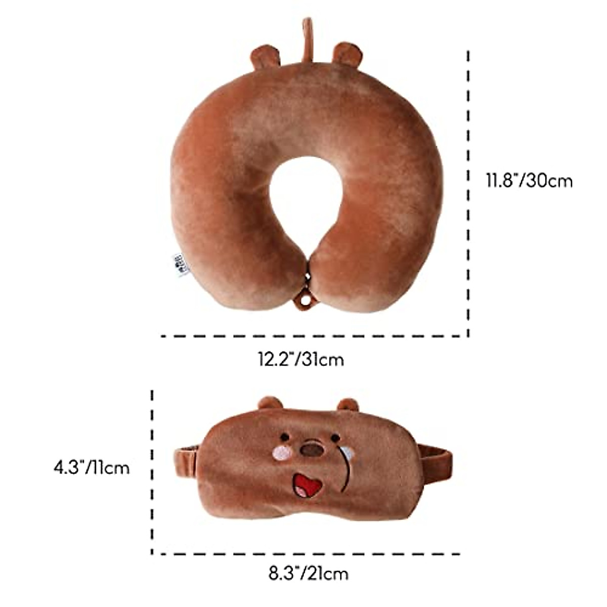 MINISO Travel Neck Pillow with Eye Mask, We Bare Bears Memory Foam Neck Support Cartoon Pillow Valentine's Day Gift for Traveling, Sleeping, Airplane, Car, Home & Office(Grizzly)