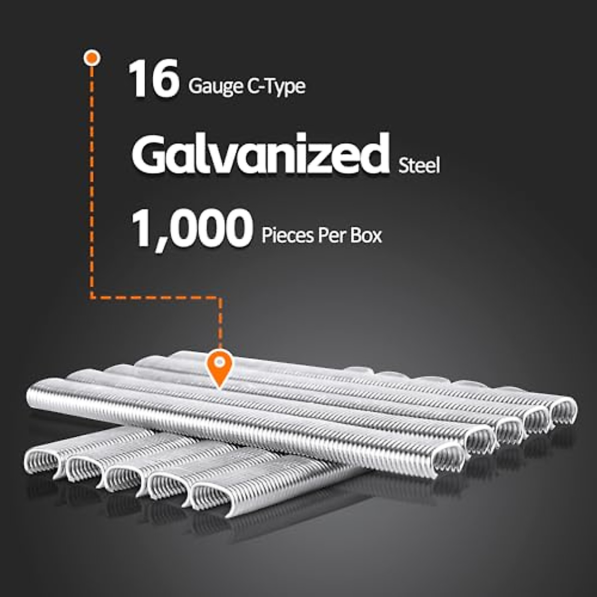 Kamsin 16 Gauge C-Type Hog Ring Staples, 1,000 PCS, Galvanized Steel, 1/2" (12.5mm) Inner Crown, 5/8" (16.9mm) Outside Crown for Pneumatic Hog Ring Gun in Cages Building or Fastening