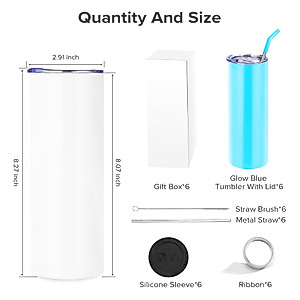 FASTSUB 6 Pack Sublimation Tumblers 20 oz Blank Bulk Luminous Cups Glow in the Dark Straight Stainless Steel Double Wall Vacuum Insulated with Lids and Straws for Tumbler Heat Press Glow Blue