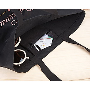 ELEGANTPARK Mother of the Bride Gifts Bag Cotton Mother of the Bride Bag and Tote Mother Gifts for Wedding Tote Bag With Pocket Shoulder Bag Black With Pink Embroidery