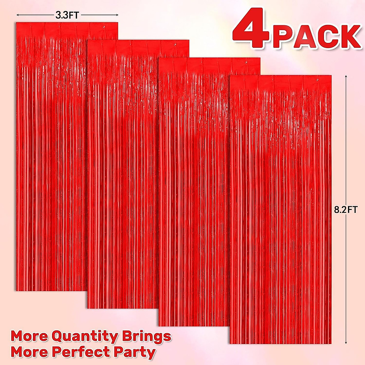 4-Pack Backdrop for Party Decorations, Foil Fringe Backdrop Curtains, Tinsel Streamers for Birthday Party Decorations, Tinsel Curtains for Halloween Valentine Disco Hollywood Theme Parties (Red)