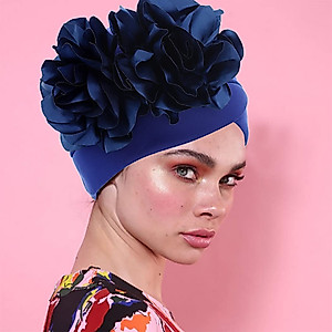 Urieo Flower Afican Turban Headwrap Vintage Beanie Head Scarf Elastic Head Warp for Women (Blue)
