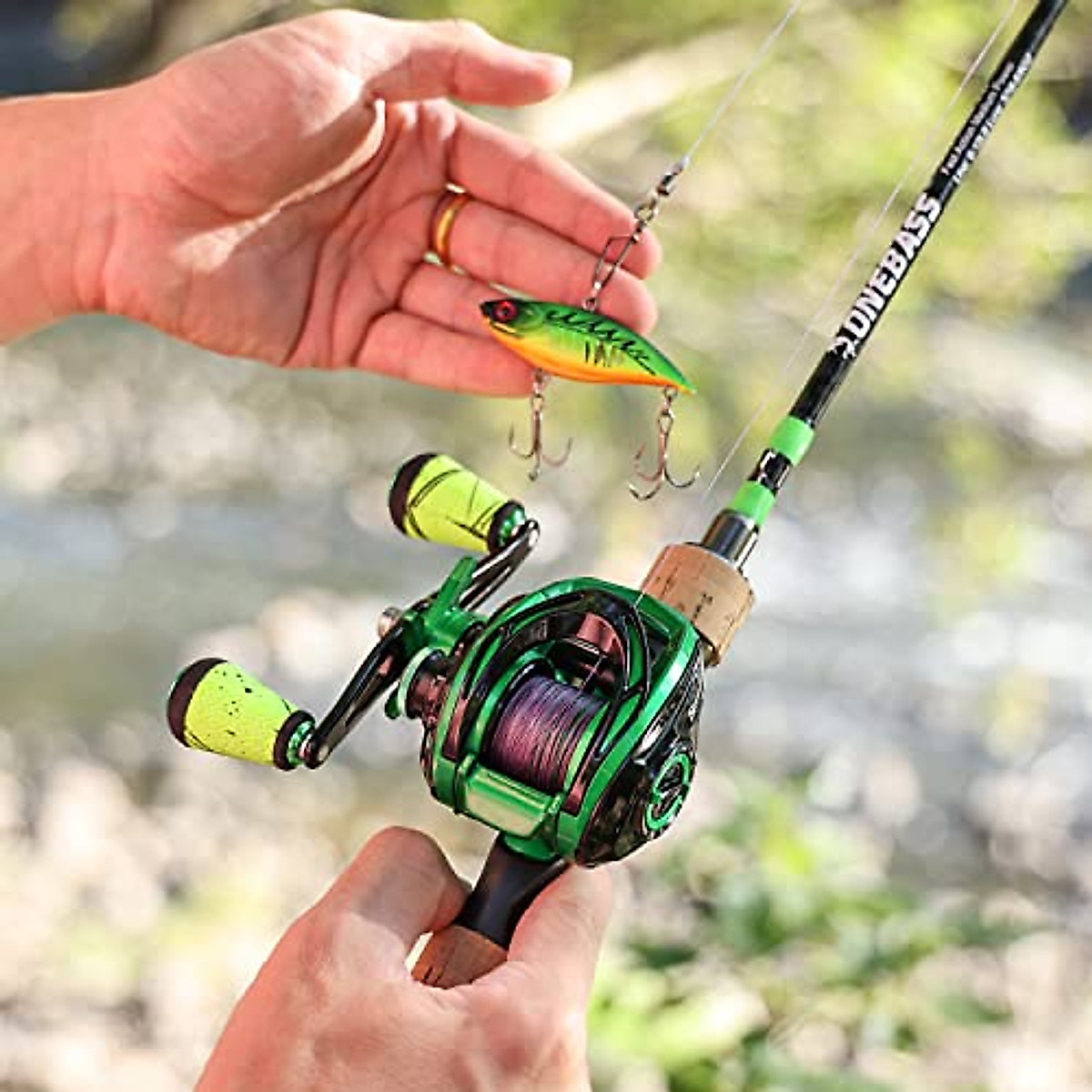 One Bass GT Spinning & Casting Reel and 2-Piece Fishing Rod Combo, Durable Graphite Rod, Ultra Light Fishing Reel for Anglers and Beginner- 7' Casting Pole with Right Handed Baitcasting Reel