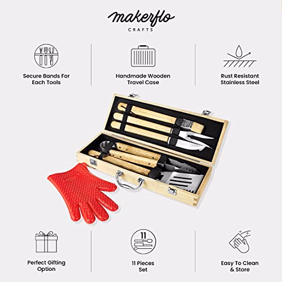 Makerflo BBQ Grill Accessories Set, Barbecue 11 Pieces Maple Wood Toolbox, Stainless Steel Utensils with Gloves, Organized Outdoor Cooking Camping Grilling Rust Free Portable Kit, Gifts for Men