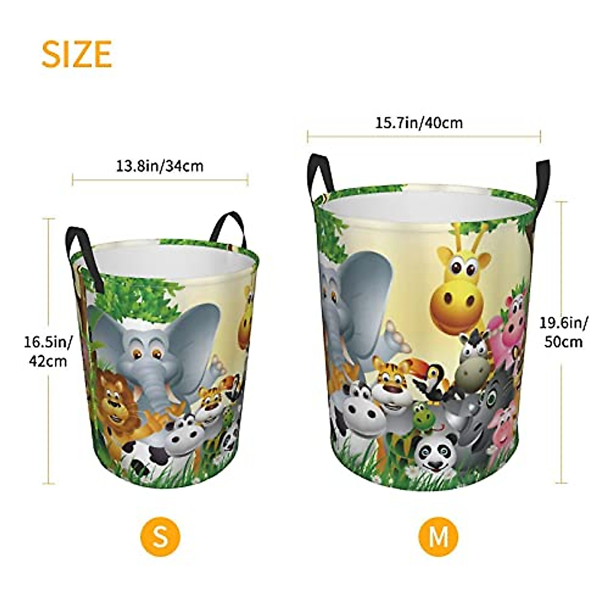 Laundry Basket,Animals In Jungle Elephant Giraffe Panda Bear Pig Lion Hippo Animation Cartoon Art,Large Canvas Fabric Lightweight Storage Basket/Toy Organizer/Dirty Clothes Collapsible Waterproof For College Dorms-Large